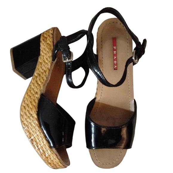 Prada | Shoes | Prada Black Platform Patent Leather Heeled Sandals Size ...